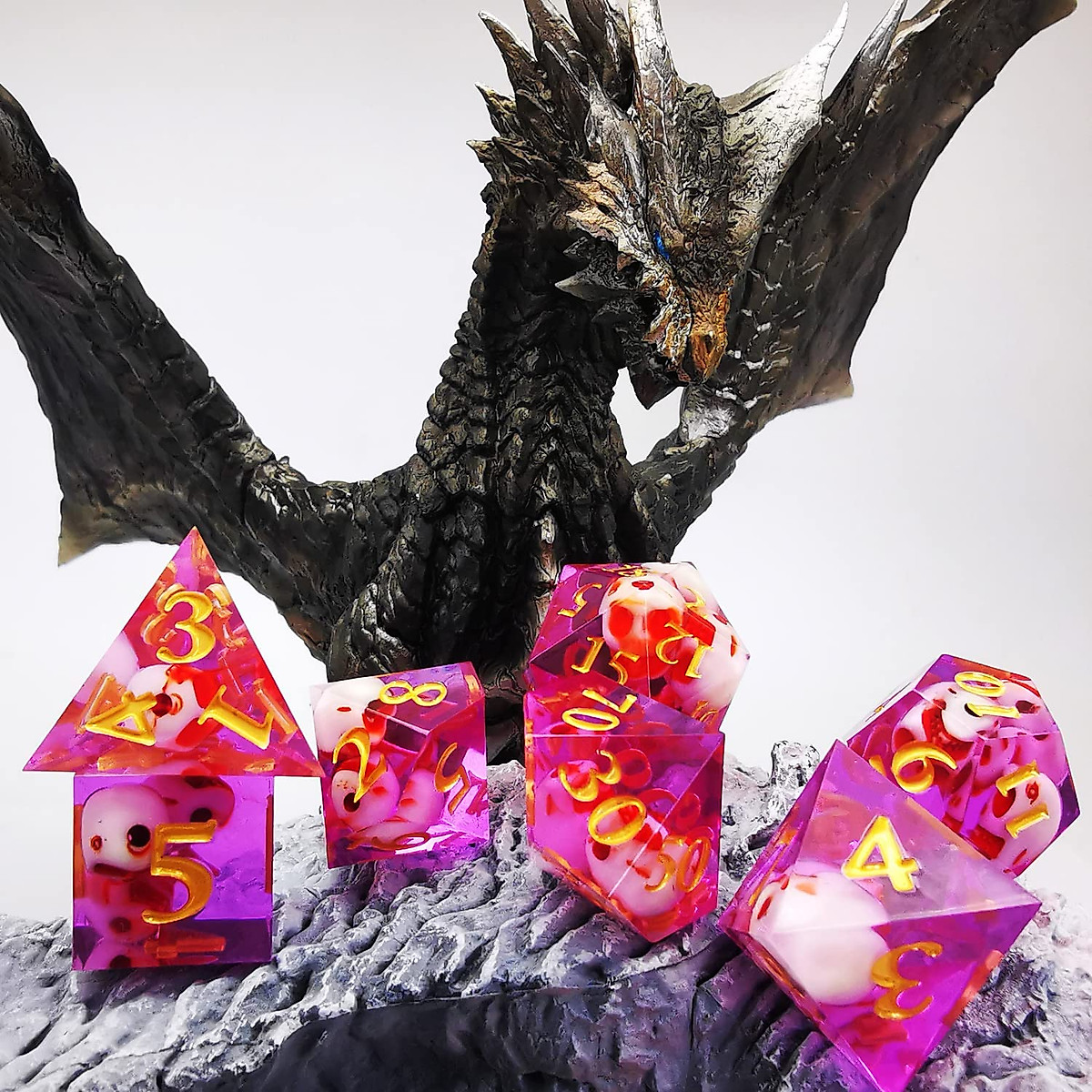 HAOMEJA DND Skull Resin Dice Set Handcrafted Designer 7-Die Polyhedral RPG Dice Set with Sharp Edges for Tabletop RPG Player Galaxy Series (Skull-Purple)
