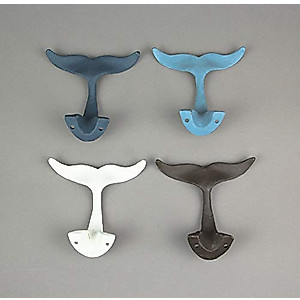 Zeckos Set of 4 Colorful Cast Iron Whale Tail Wall Hooks Decorative Coastal Metal Hangers