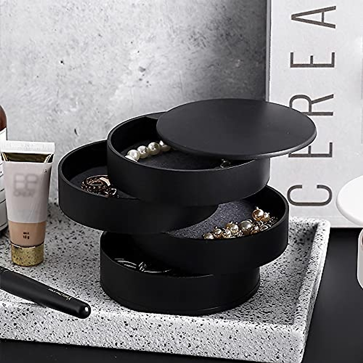 Ldirect Jewelry Organizer 4-Tier Showcase Storage Box Rotating Holder for Women Bracelets Rings Bracelets Earrings (Black)