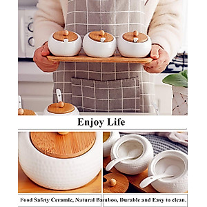 Yesland Porcelain Condiment Jar Spice Container with Bamboo Lids & Tray, Set of 3, 6.8 Oz Pottery Cruet Pot for Sugar Bowl Serving Tea, Coffee, Spice