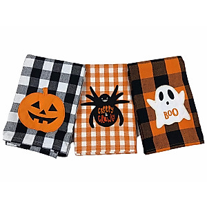 Design Imports Halloween Themed Embellished Kitchen Dish Towel Set of 3 Ghost Spider Pumpkin