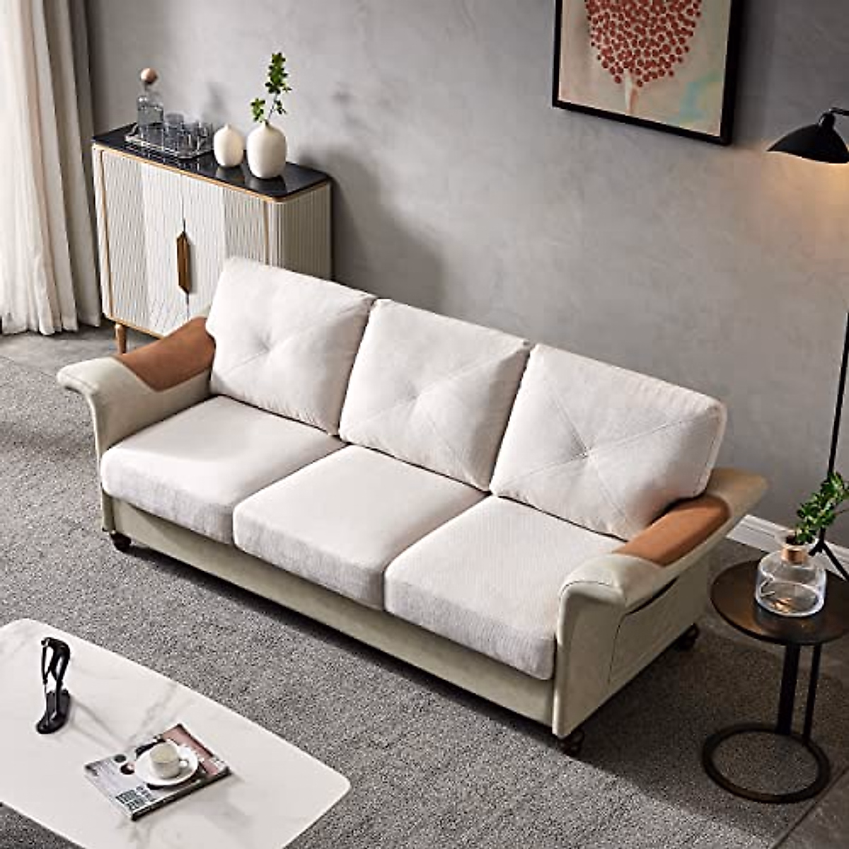 RUNWON Modern Living Room Sectional Furniture Set Include 2+3 Seat Sofa,Linen Fabric Faux Leather with Wood Leg, Beige