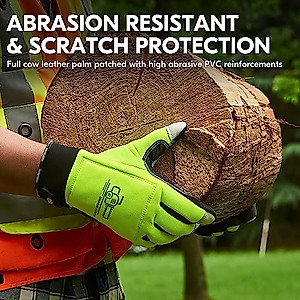 Vgo... Chainsaw 12-Layer Saw Protection on Both Hands Cow Leather Gloves (1 Pair,Size L, Hi-Viz Green, CA9760)