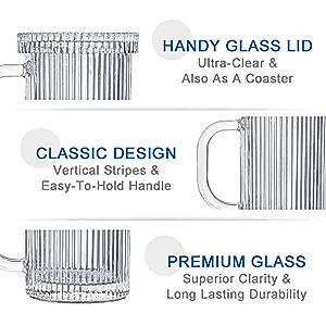 Lysenn Clear Glass Coffee Mug - Classic Vertical Stripes Tea Mug - Elegant Coffee Cup with Glass Lid for Latte, Espresso - Lovely Gift for Christmas, Anniversary and Birthday - 11 oz