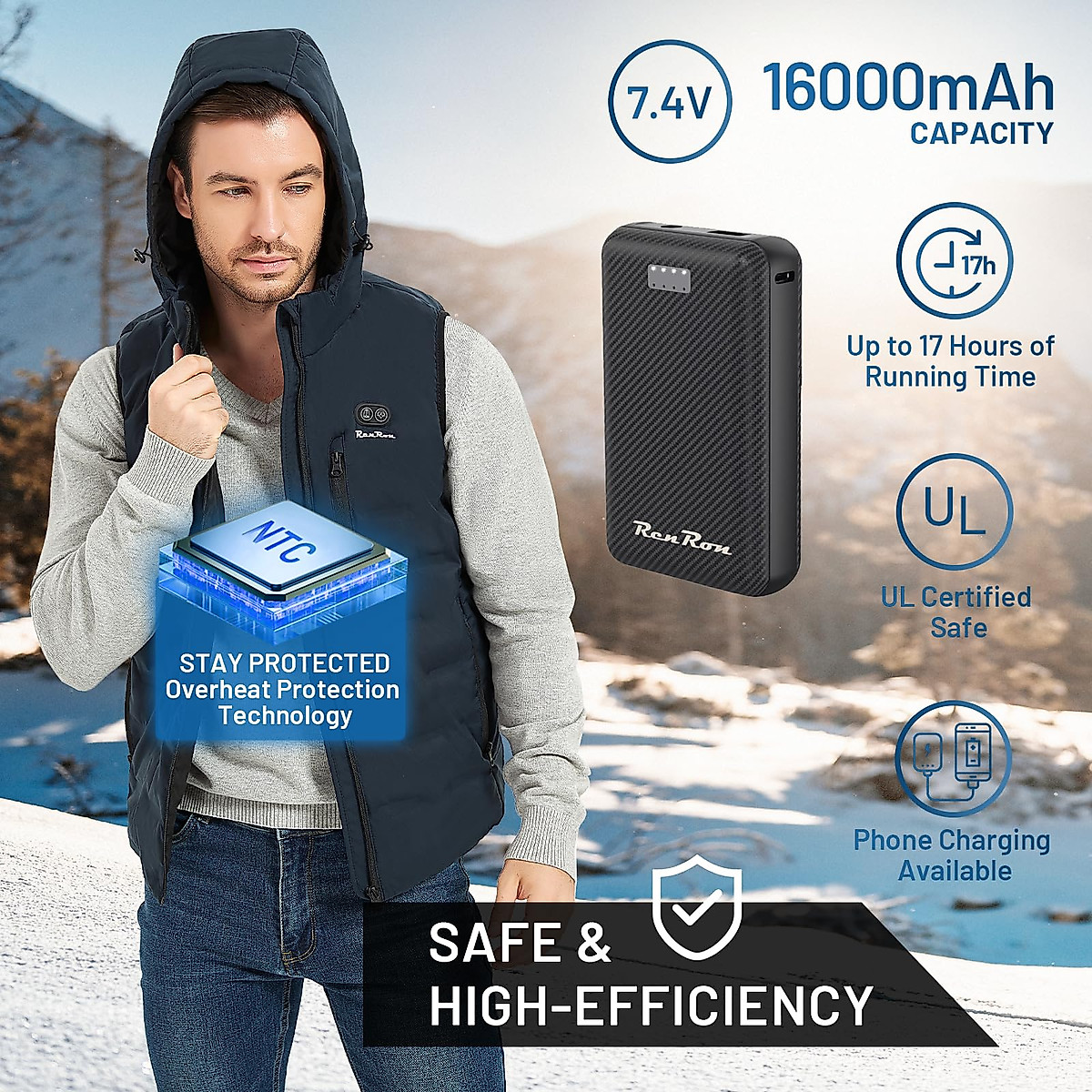RenRon Versatile Heated Vest For Men - Detachable Heated Hood, With 7.4V 16000mAh Battery Pack, Lightweight Mens Heated Vest
