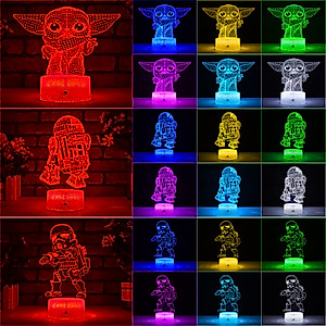 3D Illusion Star Lamp, Yoda Baby Night Light for Kids, 3 Pattern LED Wars Night Lamp for Room Decor Bedside Lamp as Christmas Gifts for Boys Girls Men