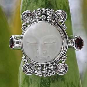 NOVICA Artisan Handmade Garnet Cocktail Ring Carved Bone Silver Sterling Red Indonesia Sun Moon Birthstone [crownbezel 0.9 in L x 0.9 in W x 0.3 in H Band Width 3 mm W] ' Moon Dream'