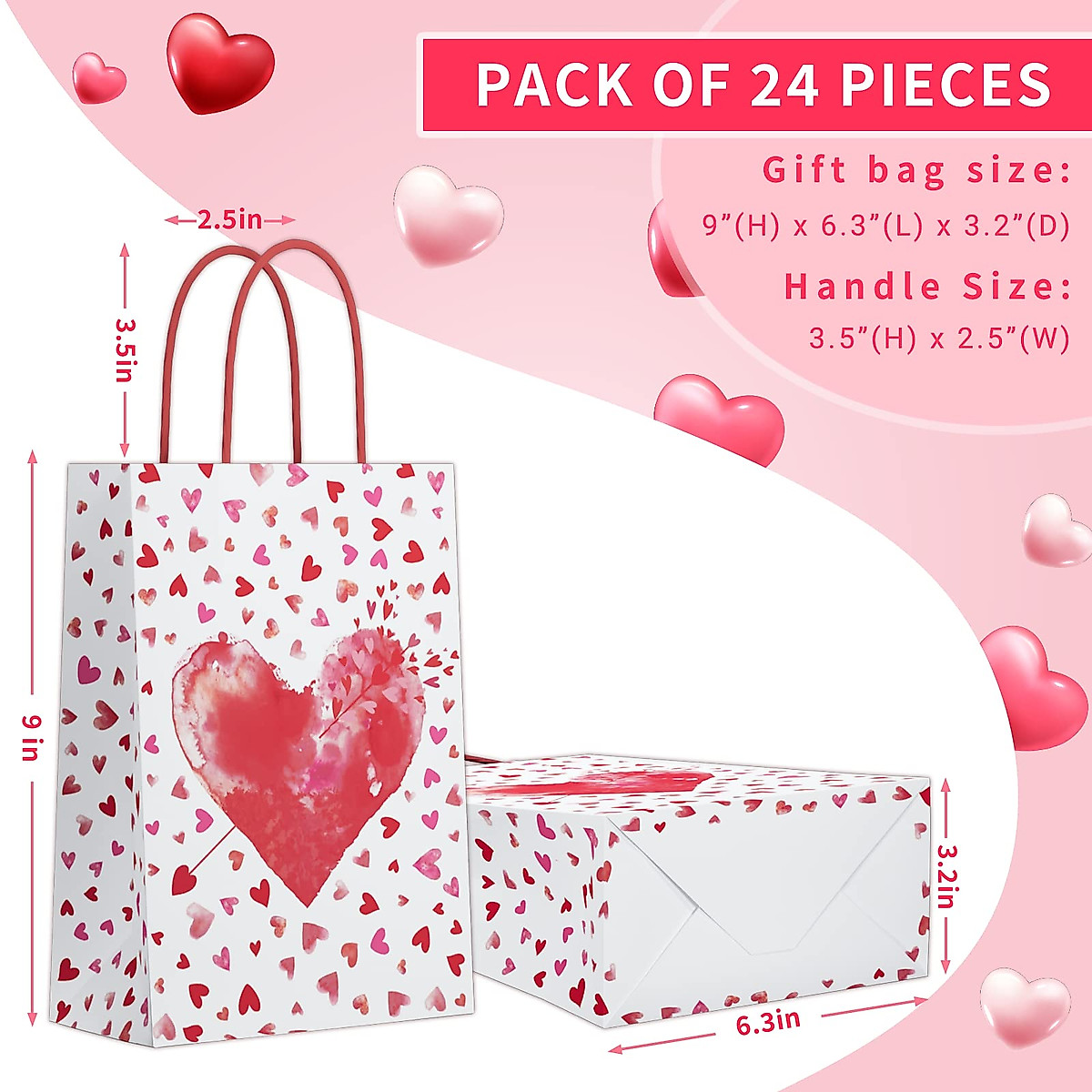 ECOHOLA Cupids Bow Kraft Paper Gift Bags with handles for Valentine's Day, Weddings, School Classrooms Exchange Party Pack of 24 Pieces, 9"x6.3"x3.2"