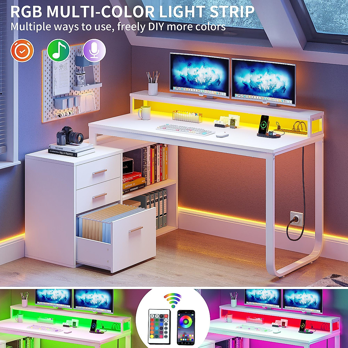 DWVO L Shaped Desk with Drawers, 55" Corner Computer Desk with Power Outlets & LED Lights, Home Office Desk with File Cabinet, White