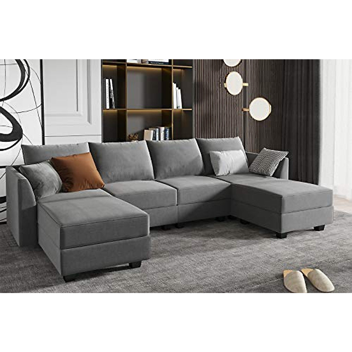 HONBAY Modular Sectional Sofa U Shaped Couch with Reversible Chaise Modular Couch Sectional Sofa with Ottomans, Grey
