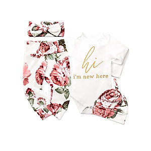 KANGKANG Newborn Girl Clothes Baby Girl Clothes Hi Im New Here Newborn Outfit Romper + Floral Pants + Headband + Hat New Born Clothes Baby Girl 4PCS Set