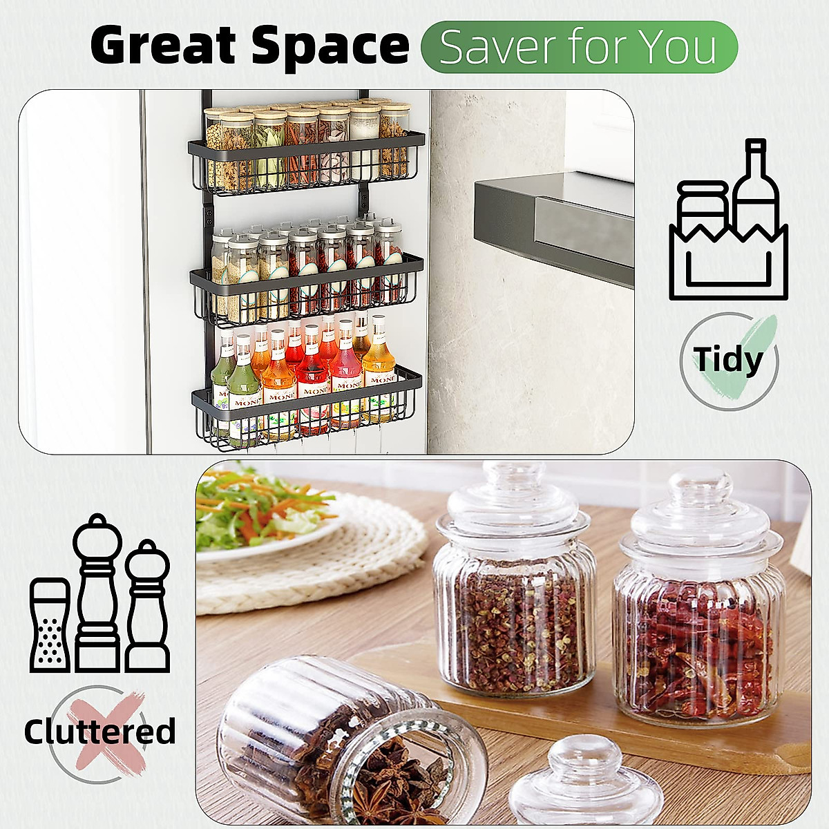 Warome Magnetic Spice Rack, 4 Pack Magnetic Shelf for Refrigerator, Magnetic Fridge Organizer with Super Strong Magnetic, Kitchen Organization and Storage, Metal Seasoning Organizer with Utility Hooks