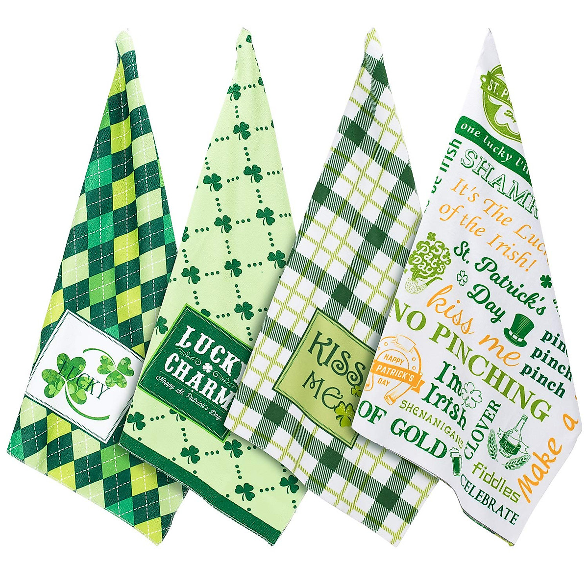 Whaline 4 Pack St Patrick's Day Kitchen Towel Lucky Shamrock Dish Towel Green Plaid Clover Kitchen Hand Drying Tea Towel for Cooking Baking Cleaning Wipes, 18 x 28 Inch