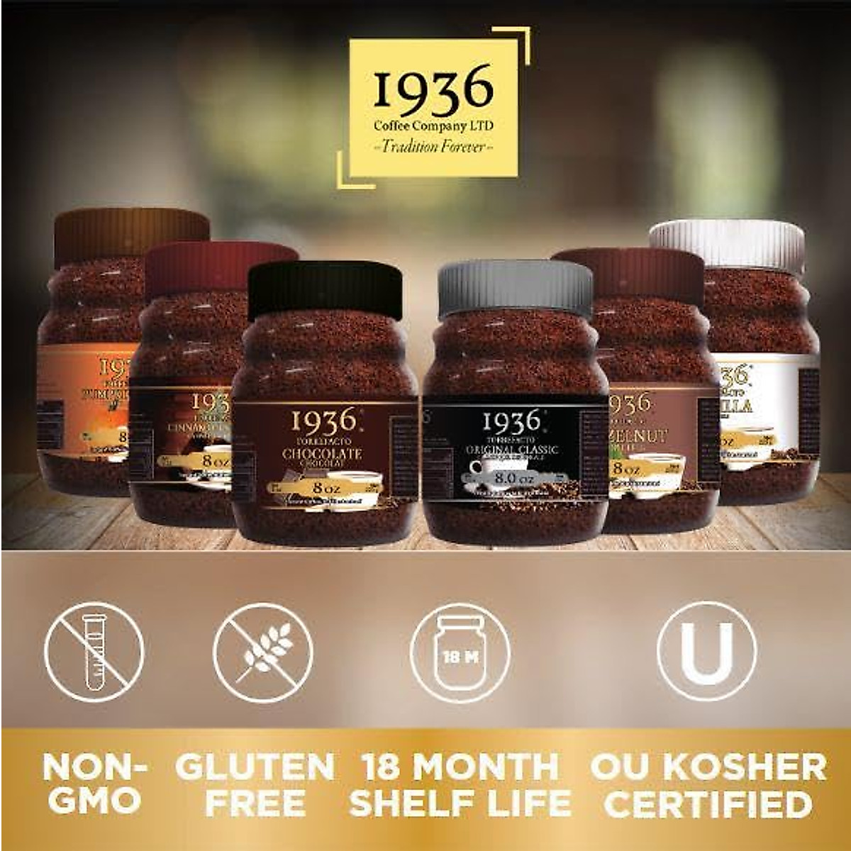 1936 Instant Coffee Vanilla 8 OZ- Smooth Taste - 100% Pure Arabica Coffee - Light Instant Coffee -Medium Roast - Glazed with Cane Sugar- Gluten Free- Kosher Certified -Non GMO