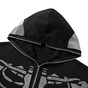 Kaipiclos Mens Womens Zip Up Hoodies Oversized Rhinestone Skeleton Hoodie Sweatshirt Jacket 90s Harajuku Halloween Streetwear