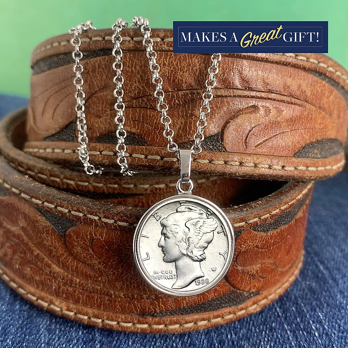 American Coin Treasures Silver Mercury Dime Silvertone Coin Pendant with 18" Cable Chain Necklace, Genuine and Elegant Keepsake Jewelry for Women, White Luxury Gift Box Included