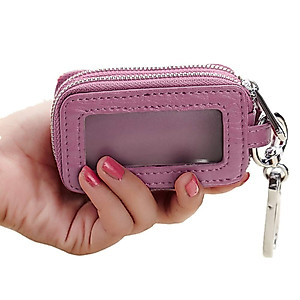 BAKUN Two-Sides Mini Genuine Leather Car Key Chain Holder Wallet Case, Key Holder Key Organizer Wallet(Light Pink)