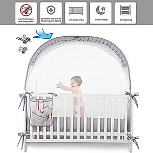 ZXPLO Baby Safety Crib Tent Infant Pop up Mosquito Net Nursery Bed Canopy Netting Cover - Keep Baby from Climbing Out with Hanging Diaper Storage Bag (Gray)