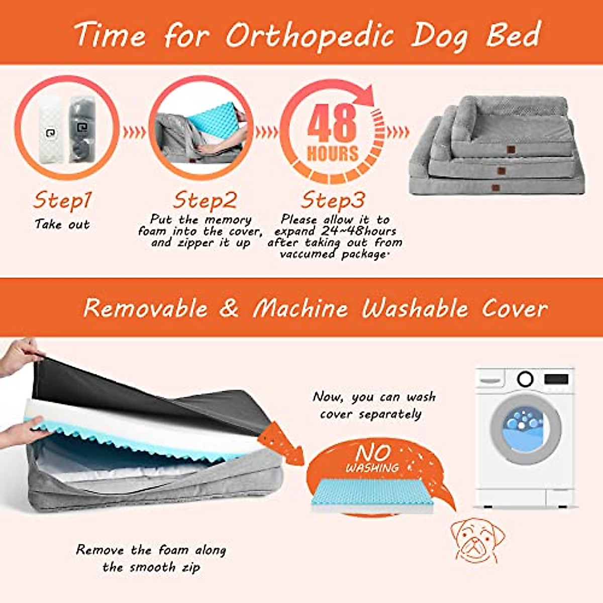 EHEYCIGA Memory Foam Orthopedic Dog Bed for Large Dogs, Waterproof Dog beds with Washable Removable Cover, Cozy Plush Dog Sofa Bed, L Shaped Pet Bed with Waterproof Lining and Nonskid Bottom, Grey