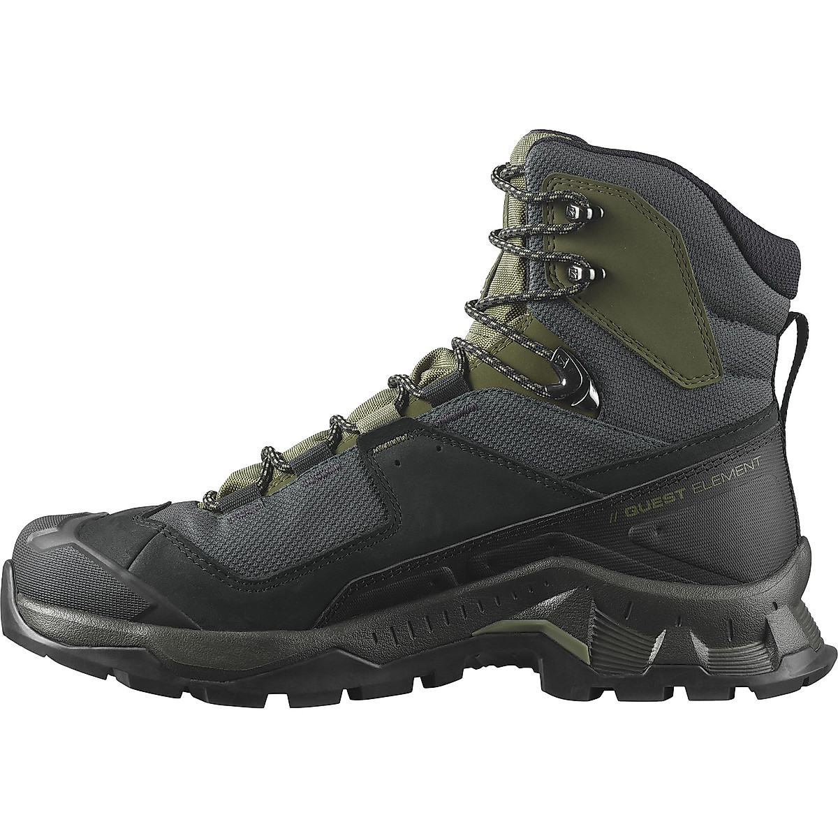 Salomon Men's QUEST ELEMENT GORE-TEX Leather Hiking Boots for Men, Black / Deep Lichen Green / Olive Night, 11.5