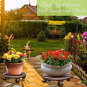 2pack 12" Plant Caddy Plant Stand with Wheels Rolling Plant Stand Heavy Duty Wooden Round Plant Dolly Rollers with Metal Lockable Casters Indoor Outdoor Pot Plant Roller Base Caddies,Patio,Flower Pot