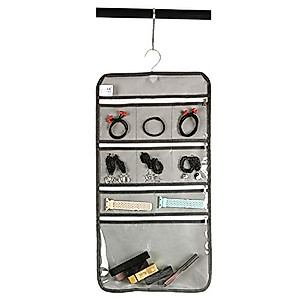ANIZER Travel Foldable Jewelry Rolls Bag Hanging Jewelry Organizer with 9 Zippered Clear Pockets Storage Pouch with Rotatable Hanger (GREY)
