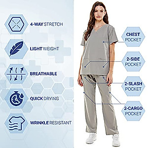 MEDPIA Women's Medical Uniform Set – 4 Way Stretch Lightweight 8 Pockets V-Neck Top Drawstring Elastic Waist Pants Nursing Black 4X