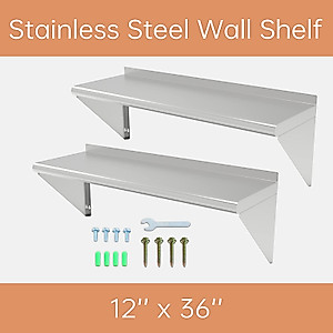 ERUPTA 2pcs - 12 x 36 inches 270 lb, Stainless Steel Wall Mount Floating Shelving, Commercial Stainless Steel NSF Shelf for Restaurant Kitchen, Home Kitchen, Hotel, Food Truk, Garage