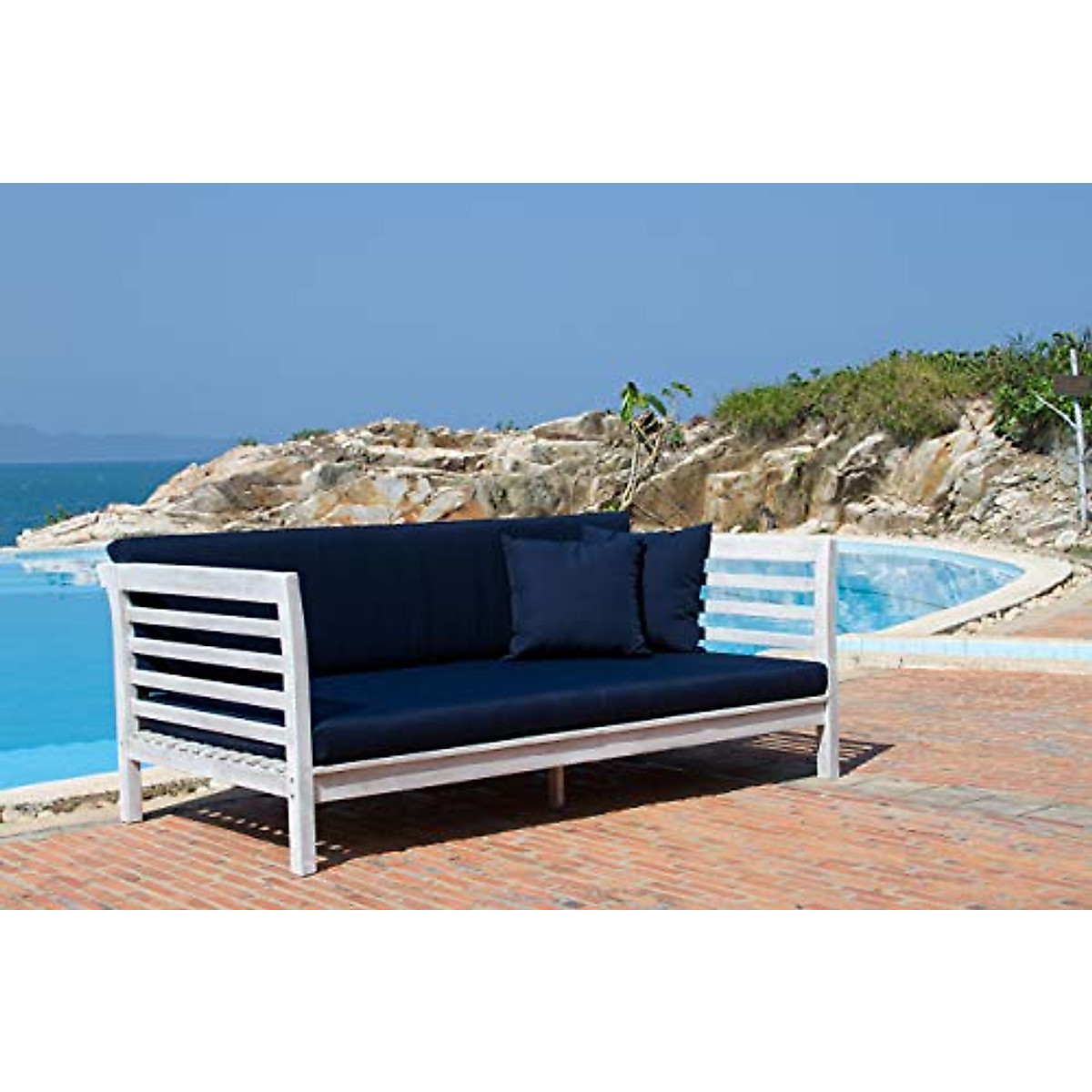 Safavieh Outdoor Collection Malibu Antiqued White/ Navy Acacia Wood Cushioned Daybed
