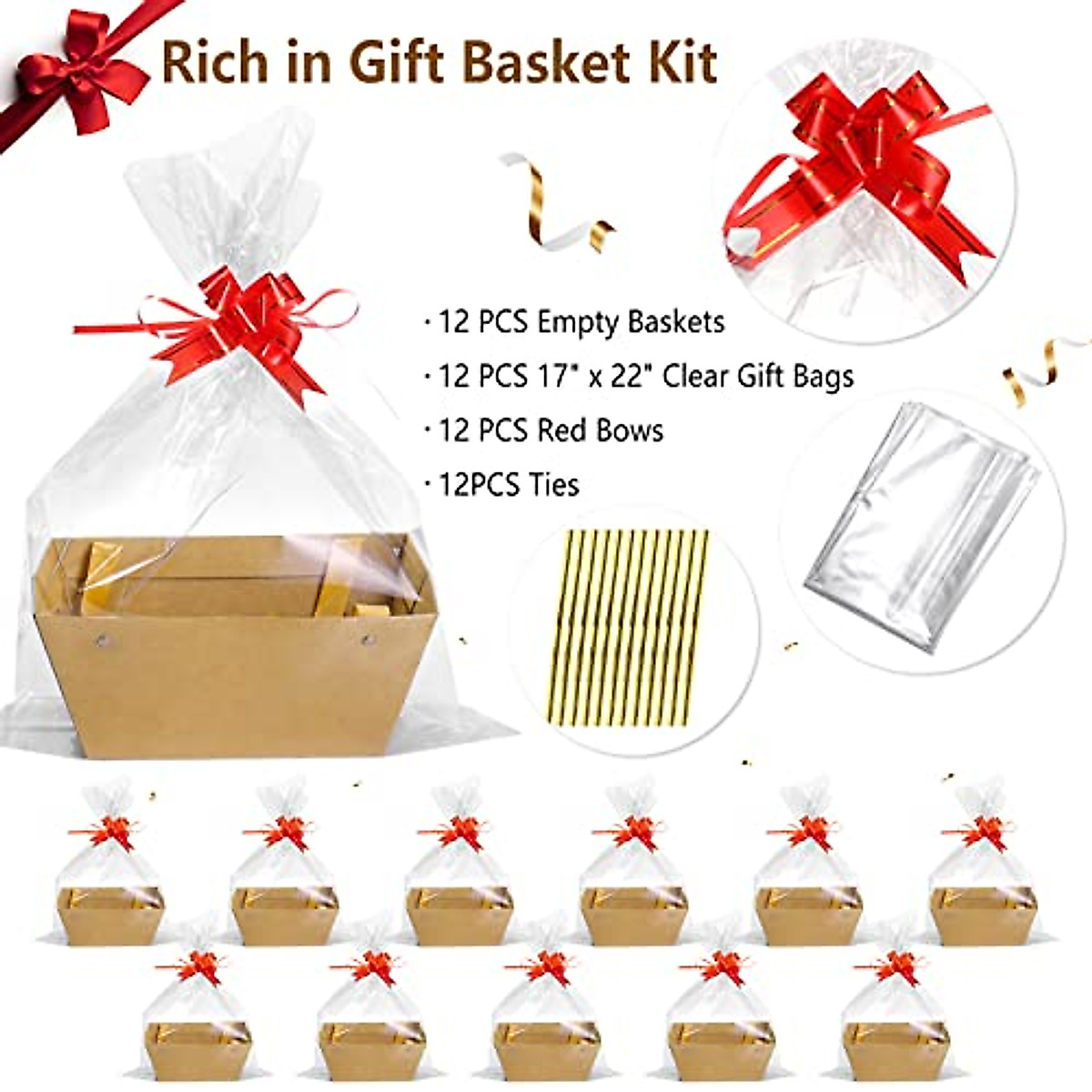 Aoibrloy 12 Pack Baskets for Gifts Empty, Sturdy Empty Gift Baskets to Fill, Kraft Gift Basket Kit with Handles for Holiday, Wedding, Birthday, Gift Packages