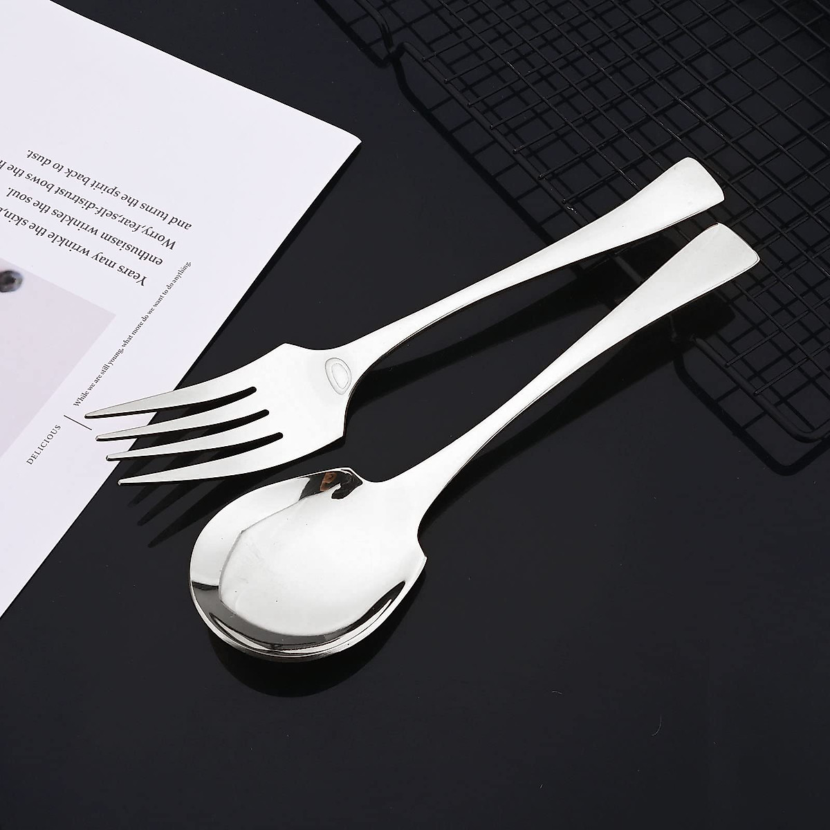 JASHII Shiny Silver Stainles Steel 2 Serving Spoons 2 Serving Forks Set, Luxury Cutlery for Kitchen Hotel Restaurant Wedding Party, pack of 4