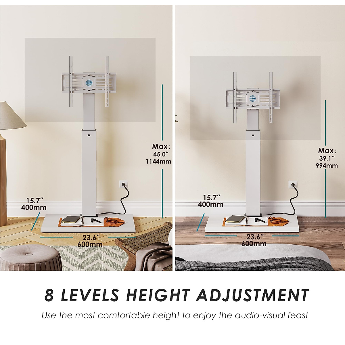 FITUEYES Floor TV Stand with Power Outlet for 26-65 Inch TVs, Swivel TV Stand with Mount Height Adjustable with Iron Base, TV Stand for Bedroom, Living Room Hold Up to 88 lbs, White