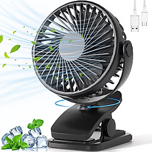 Portable Clip on Fan, 360° Rotate Battery Operated Stroller Fan, 3 Speed Quiet Mini Personal Desk Fan, USB Rechargeable Clooing Fan for Outdoor Camping Golf Cart Stroller Home Office Black