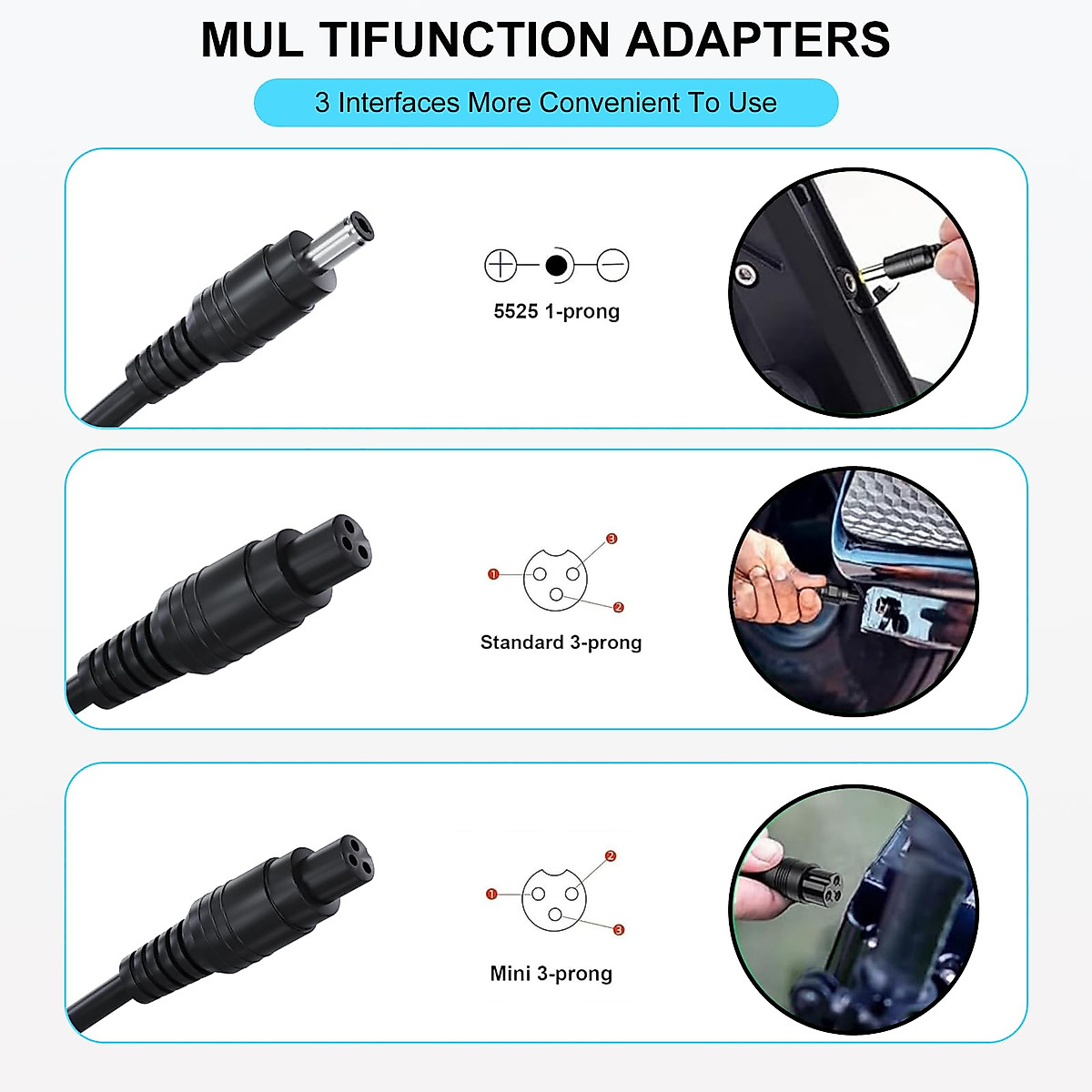 24V 1.5A 36W Electric Scooter E100 E200 E300 Battery New Upgrade 3-Interface Charger Inline for Razor E100 E200 E300 E125 E150 E500 E175 PR200,MX350 E225S E325S, Pocket Mod, Sports Mod, and Dirt Quad