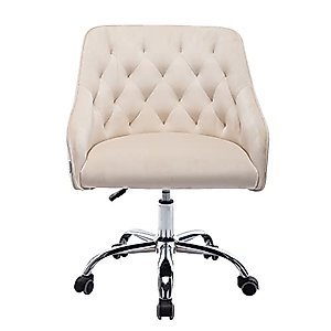 Goujxcy Home Velvet Office Desk Chair with Mid-Back, Modern Height Adjustable 360°Swivel Upholstered Computer Task Chair with Arms and Wheels for Living Room Bedroom (Beige)
