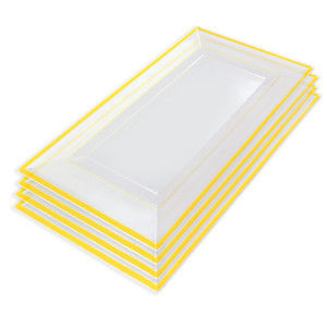 Yumchikel- Serving Tray Plastic for Party, 14" x 7.5" Platters for Serving Food (Clear Gold Rim)