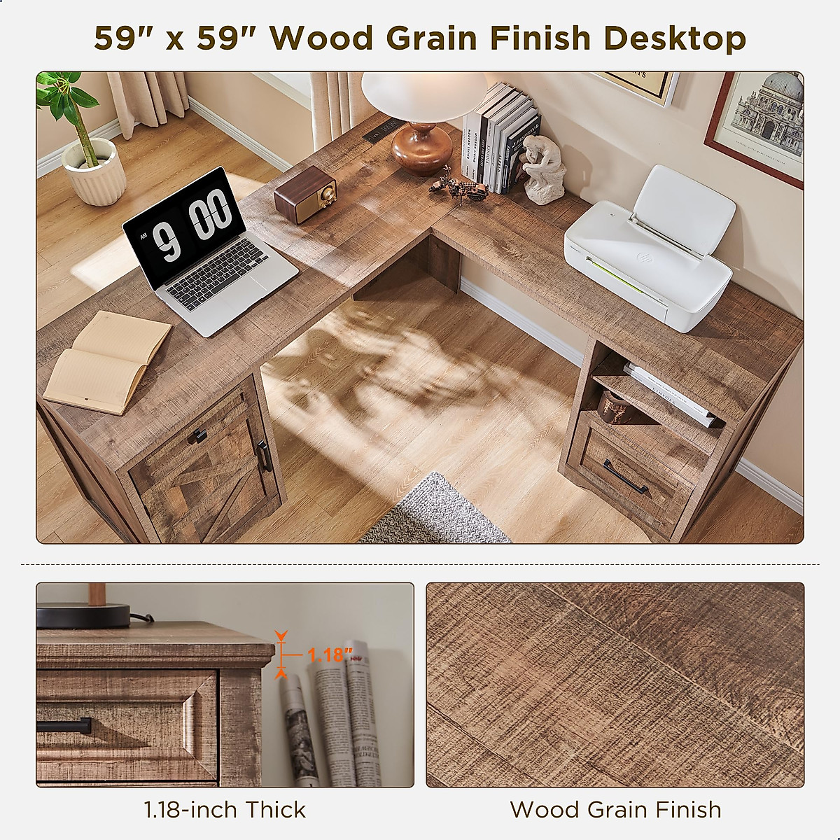 JXQTLINGMU L Shaped Desk, Corner Computer Desk with File Drawer & Charging Station, Home Office 59x61Inch Huge Workspace Study Writing Desk, Warm Brown