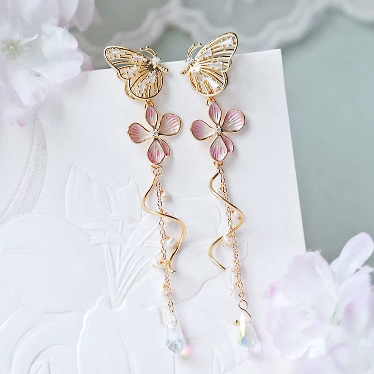 Pink Flower Cherry Blossom Petal Tassel Zircon Dangle Drop Earrings Cute Butterfly Heart Pearl Floral Earrings for Women Summer Refreshing Holiday Jewelry-heart