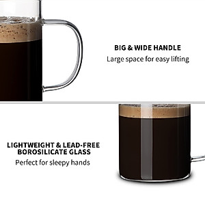 HORLIMER 10 oz Glass Coffee Mugs Set of 6, Clear Coffee Cup with Handle for Tea Cappuccino Latte Milk Juice Hot Beverages
