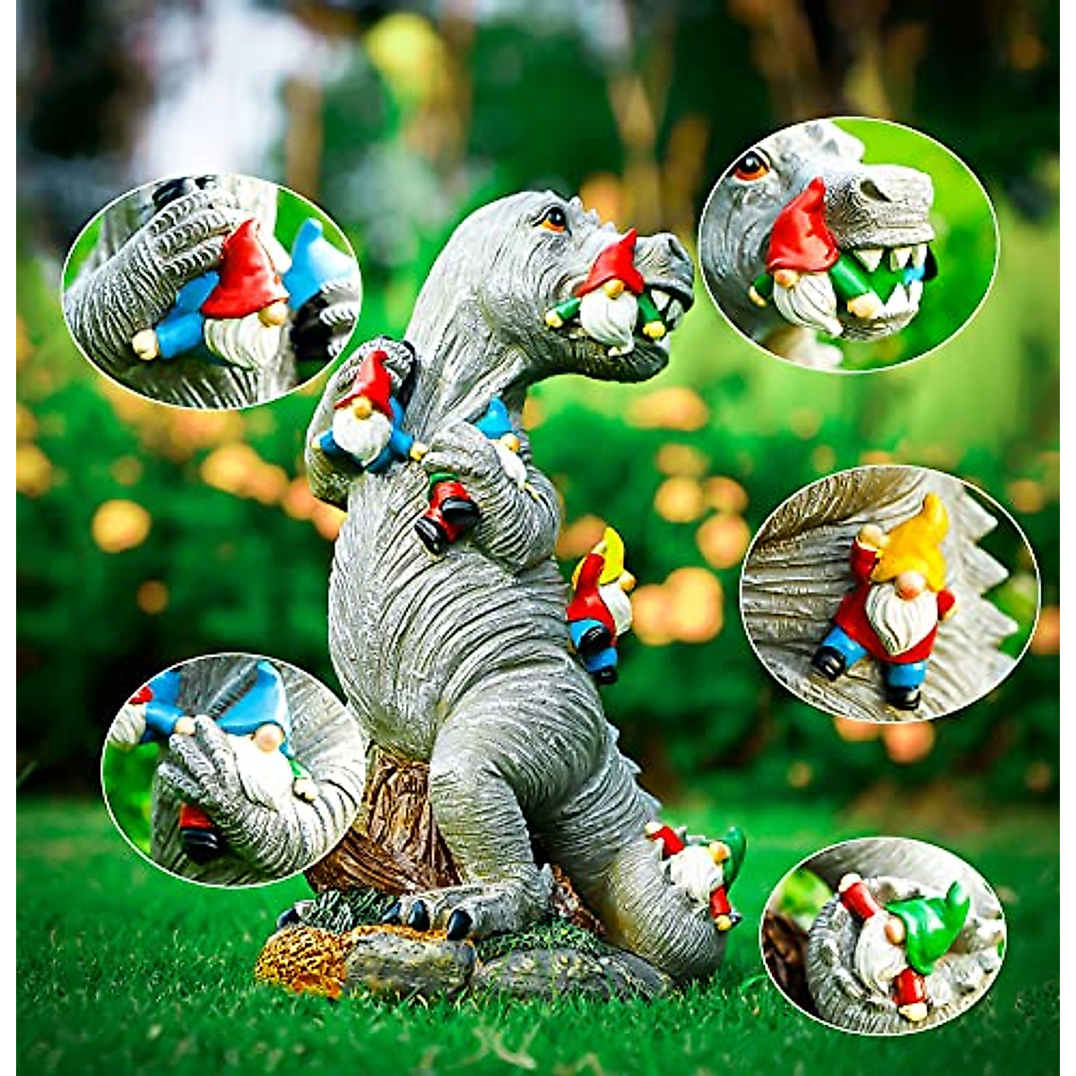 Himaweek Garden Statue Outdoor Decoration, Dinosaur Eating Gnomes Figurines, Indoor Outdoor Décor Garden Art for Patio Lawn Yard, 13.5” x 7.6” Housewarming Garden Gift