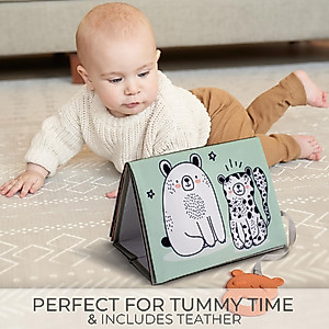 Soft Tummy Time Book w/ Large Stimulating Baby Safe Mirror - Fun High Contrast Montessori Toy w/ Mirror, Crinkle Filling & Silicone Teether - The Perfect Toy For Safe Early Newborn/Infant Development