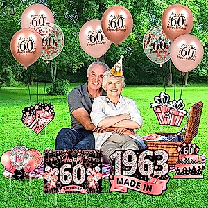Rose Gold 60th Birthday Decorations for Women 6Pcs 60th Birthday Yard Signs Made in 1963 Lawn Sign & 18Pcs Rose Gold 60th Birthday Balloons for 60 Years Old Party Anniversary Outdoor Decor Supplies