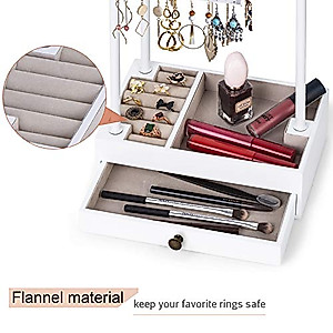 Love-KANKEI Necklace Holder Jewelry Tree Stand Adjustable Height with Large Storage for Necklaces Bracelets Earring Rings Drawer Jewelry Organizer Jewelry Display White and White