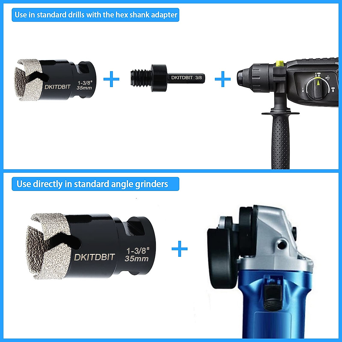 Dry Diamond Core Drill Bits 1-1/2”, 38mm Diamond Hole Saws for Porcelain Granite Tiles Brick Concrete Work with Angle Grinders & Electric Drills