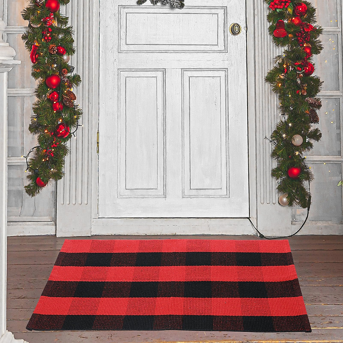 Buffalo Plaid Outdoor Rug 3'x5' Black and Red Checkered Door Mat Cotton Hand-Woven Front Welcome Door Mats for Front Porch Patio Entryway Kitchen Farmhouse
