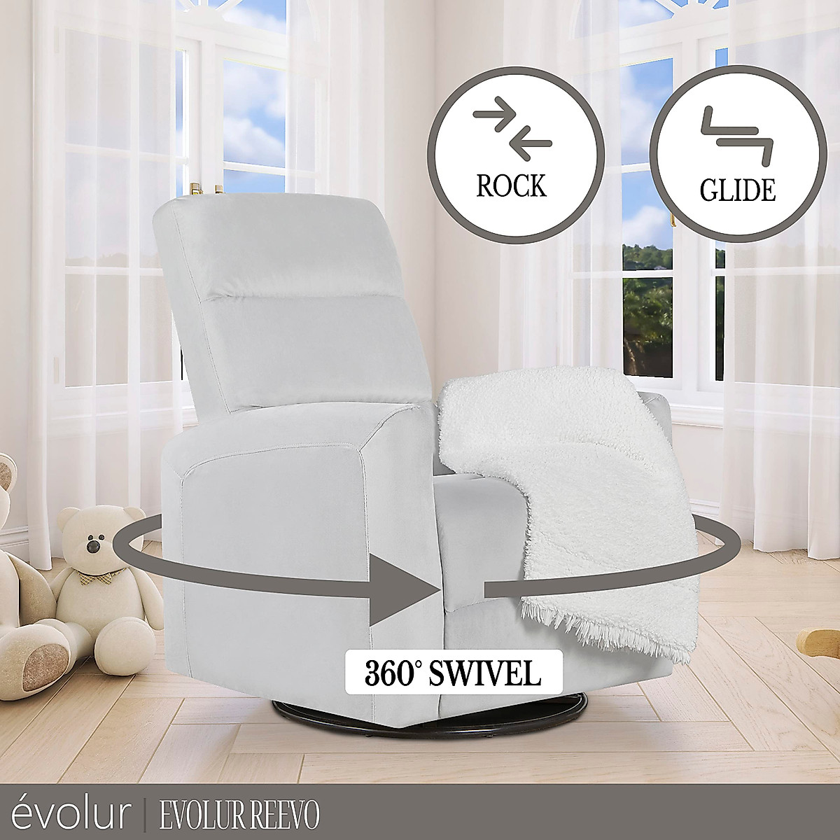 Evolur Reevo Upholstered Faux Leather Seating Glider Swivel in Misty Grey, Glider Chair for Nursery, Greenguard Gold Certified, Tool-Free Assembly, Easy to Clean