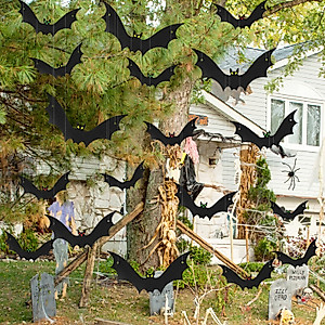 Hanging Bats Halloween Decoration Outside, Plastic Large Flying Bats with Glowing Eyes, Hanging, pasting Two Ways,Halloween Outdoor Tree Yard Porch Decoration Supplies(18 Pcs)