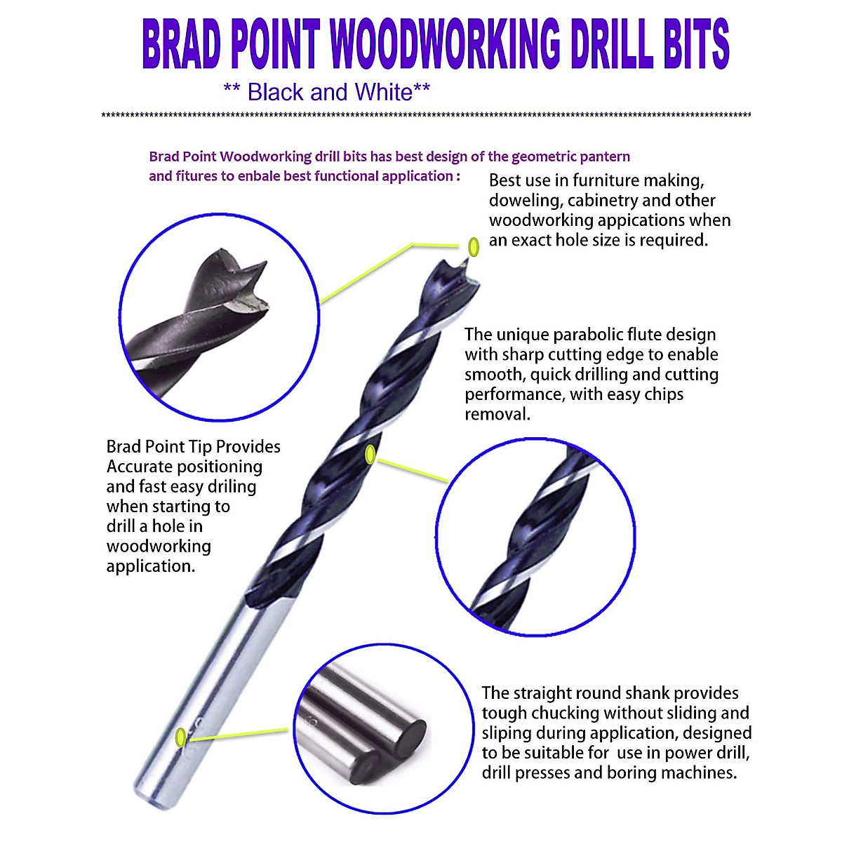 Brad Point Drill Bit Set 7/16 in. 5Pcs Spur Point Stubby Woodworking Drill Bits