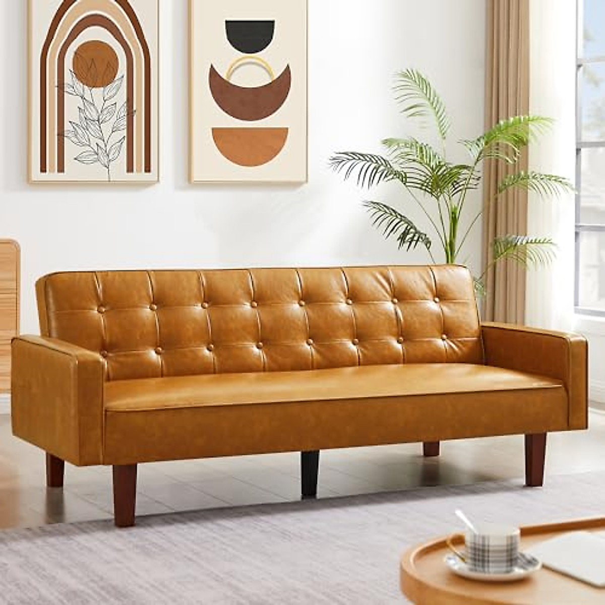 Homies Life Faux Leather Futon Couch, Mid Century Modern Futon Sofa with Memory Foam, Convertible Futon Sofa Bed for Small Spaces, Living Room, Office, Brown