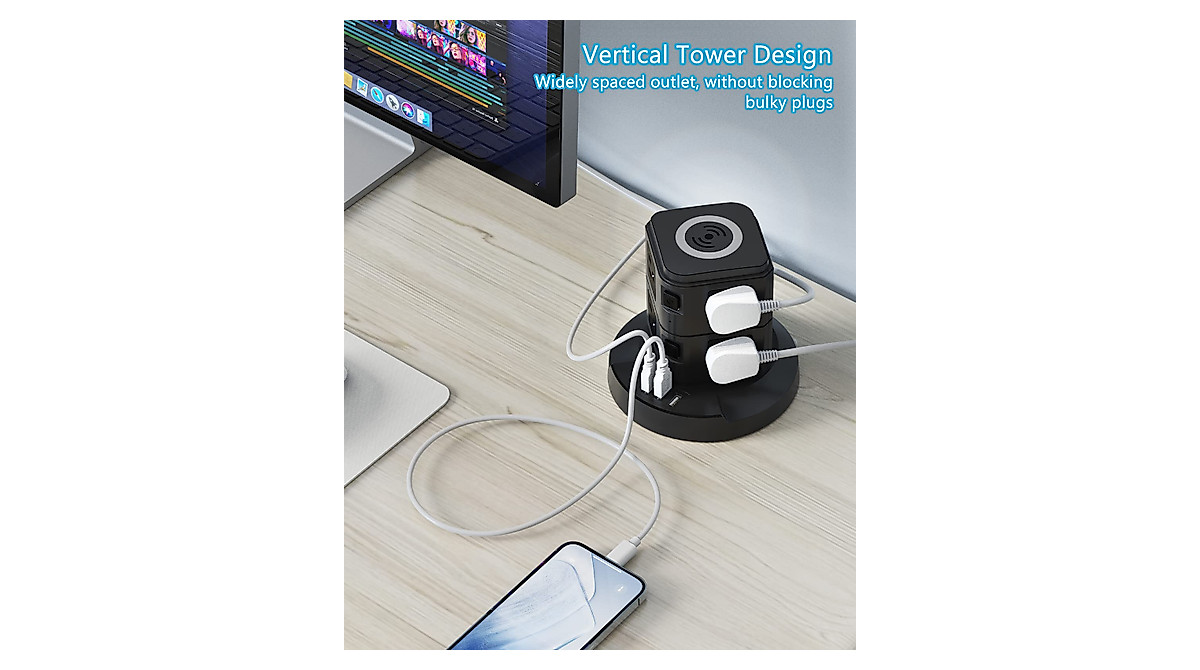 Power Strip Tower with Wireless Charging & 8 Outlets